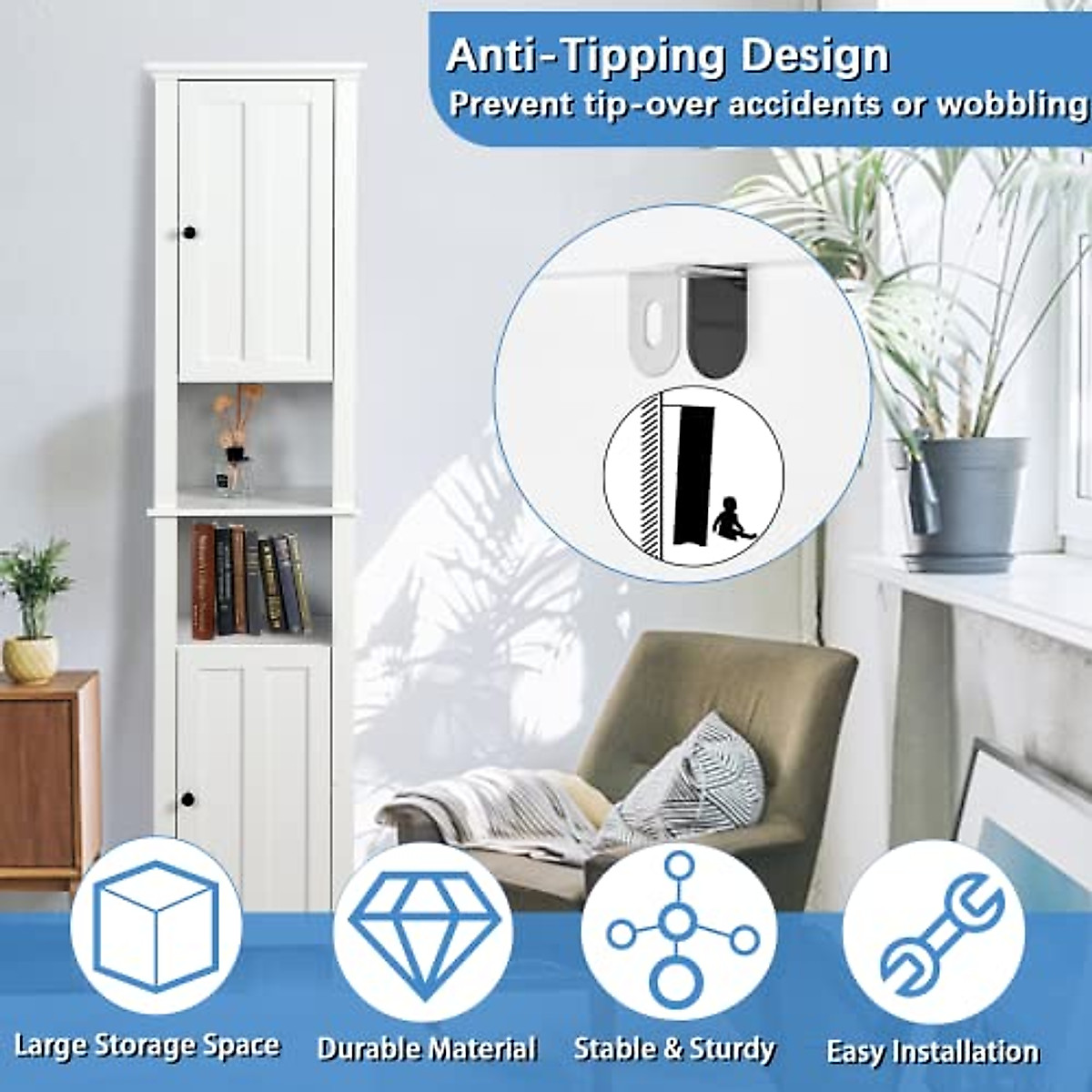 Unovivy Tall Bathroom Storage Cabinet Floor Standing Freestanding Linen Tower with 2 Doors & 6 Shelves, 15.7X 11.8X 66.9 Inches, for Living Room, Kitchen, Off-White