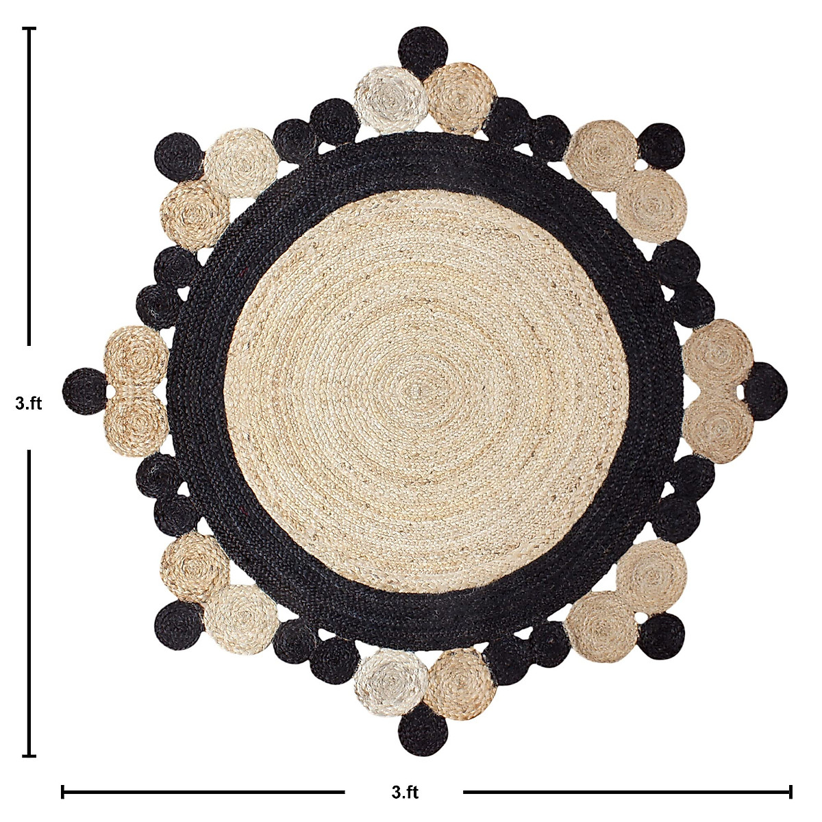 CASAVANI Collection Circle Area Rug - 10 Ft' Round Black Natural Jute Mat Geometric Kilim Rug Indoor Outdoor Use Mat Flatweave Rugs for Bedroom Bedside Round Dining Table Mat Hall & Kitchen