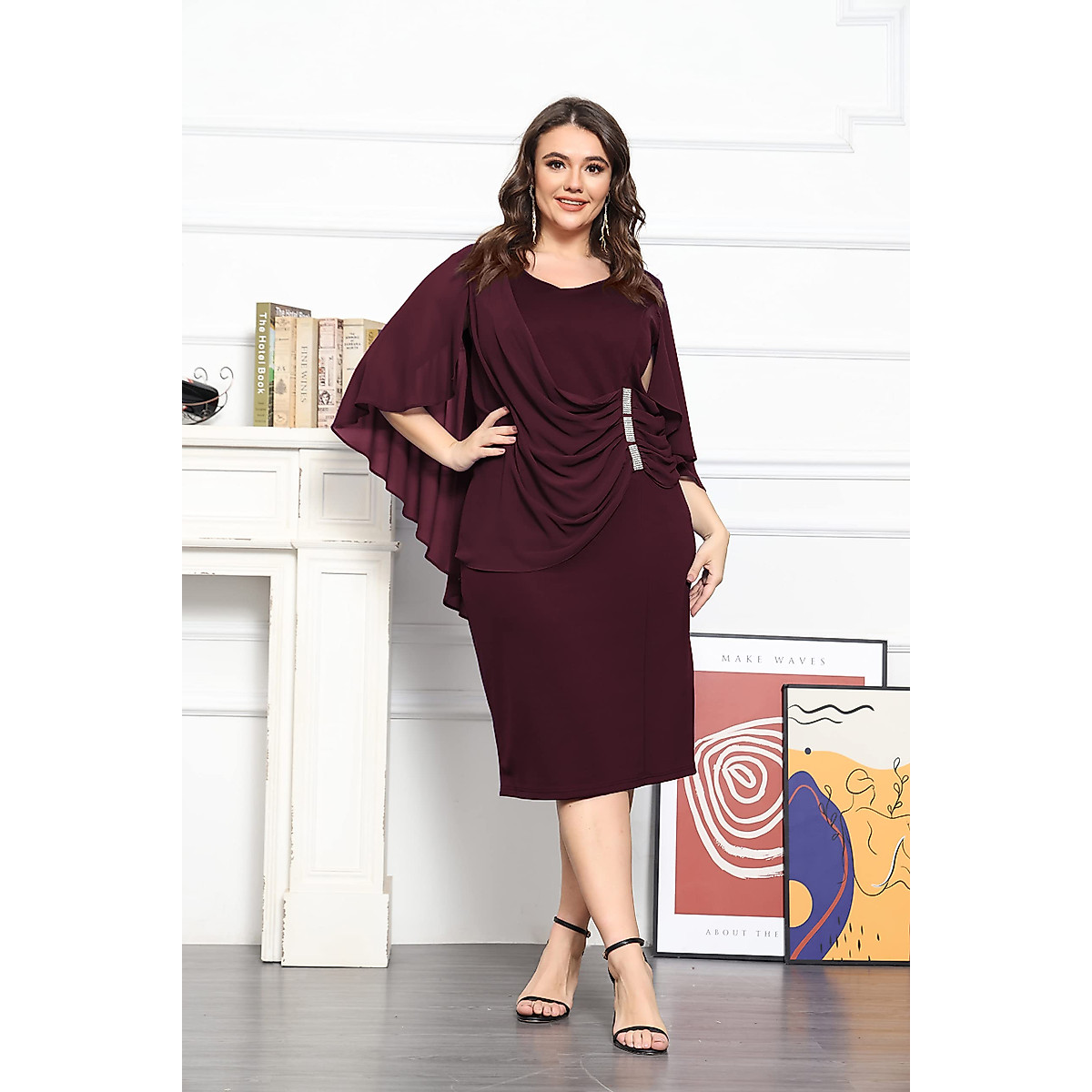 KIMCURVY Women's Cape Chiffon Church Dresses Knee Length Evening Burgundy Pencil Dress L