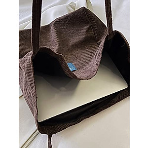 WDIRARA Women's Corduroy Totes Bag Shoulder Handbags Letter Print Shopping Shoulder Bag Brown