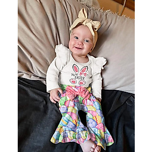 KANGKANG Easter Outfit Baby Girl 12 month Girl Clothes Rabbit Print Romper Flared Pants Pair of Hair Clips
