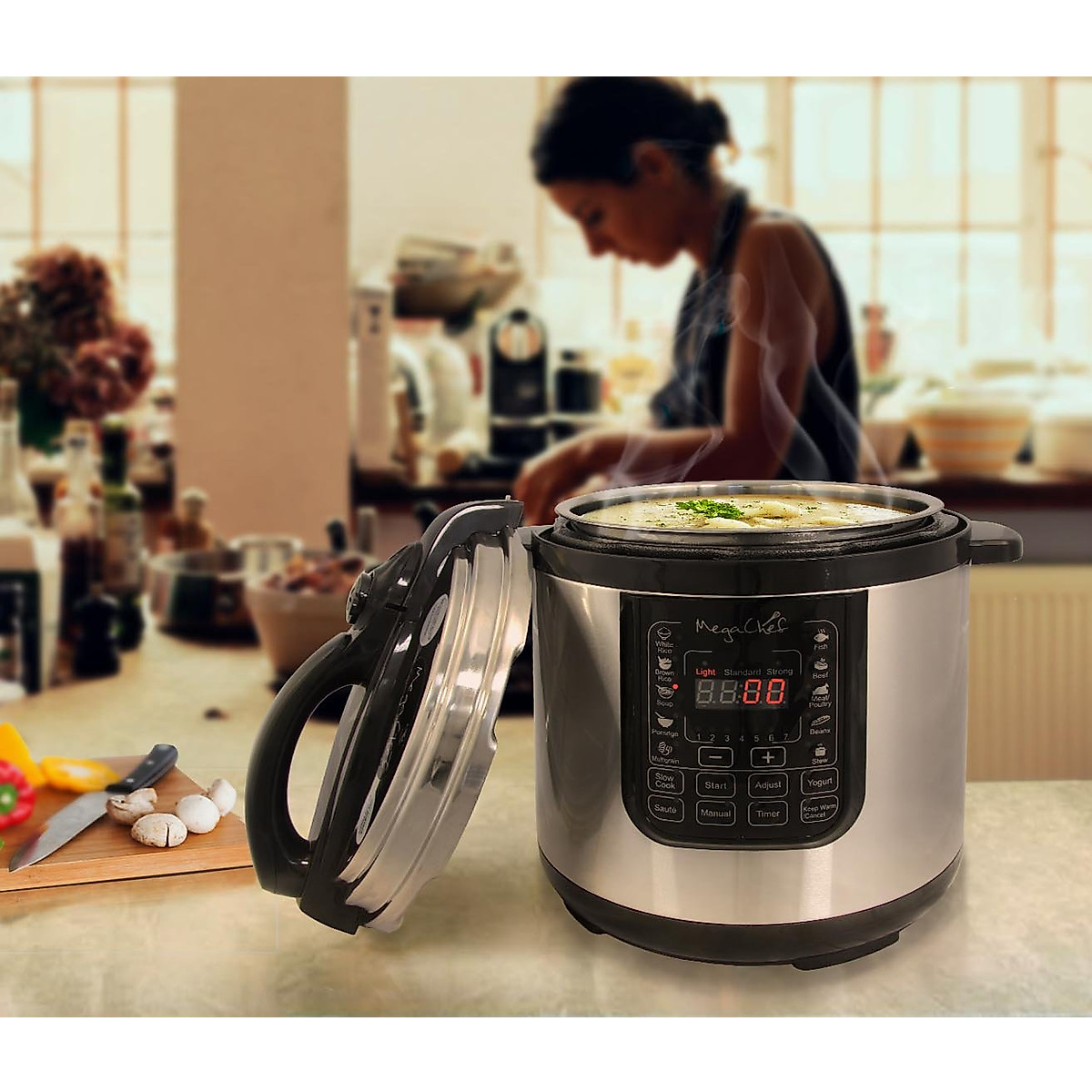 MegaChef MCPR120A 8 Quart Digital Pressure Cooker with 13 Pre-set Multi Function Features, Stainless Steel