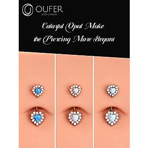 OUFER 14G Belly Button Rings, 316L Surgical Steel Belly Rings, Double Heart Cubic Zircon Filigree Opal Navel Rings Belly Piercing Jewelry For Women And Men-Blue