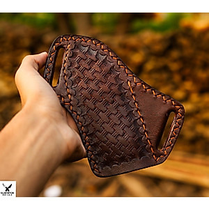 Leather Knife Sheath for Belt, Slanted Pancake Style, Tooled Leather, Cowboy Bull Cutter Cover, Cross Draw, Handmade Stitched with 100% Real Leather (Dark Brown)