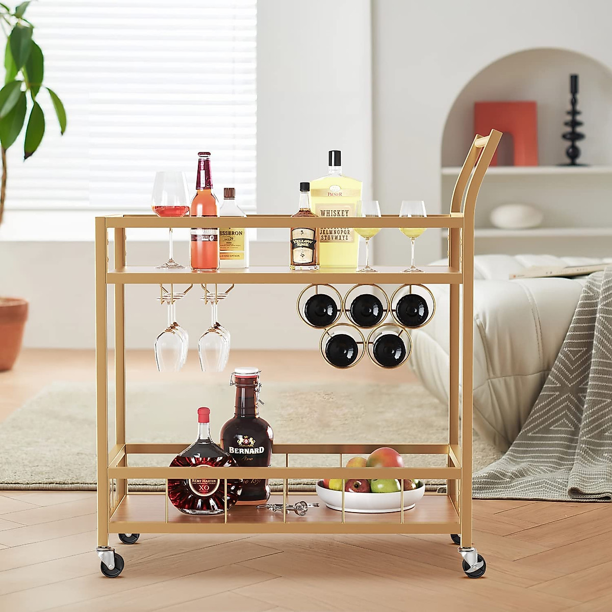 JUMMICO Bar Cart Industrial Home Mobile Wine Cart Serving Bar Cart on Wheels with Storage Shelves Wine Rack and Glass Holder for Living Room, Kitchen, Corridor, Hallway,Gold