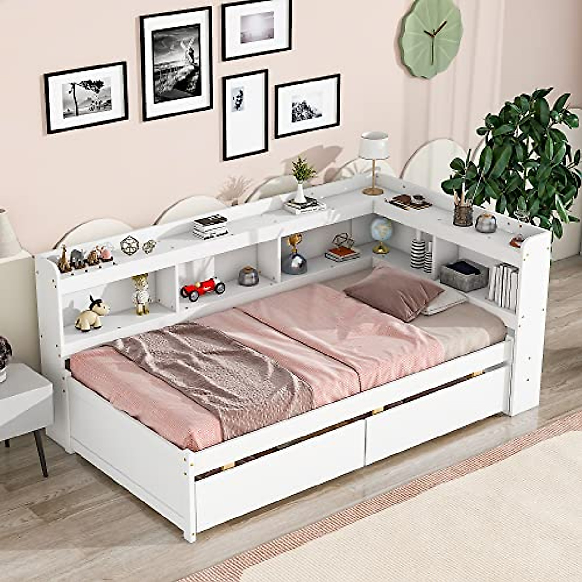 HomSof Twin Bed with L-Shaped Bookcases,Drawers,White