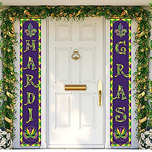 Linen Mardi Gras Porch Banner Carnival Party Decorations Purple Yellow Green Diamond Lattice Front Door Sign Wall Hanging Decorations and Supplies for Home Office