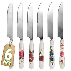 Dinner Knives Ceramic Handle Flatware Set - Floral Knife Butter Knives Set of 6 Stainless Steel Knives Kitchen Knife Dinner Knife Butter Knife Set - Table Knives Floral Knife Set Dinner Knife Set