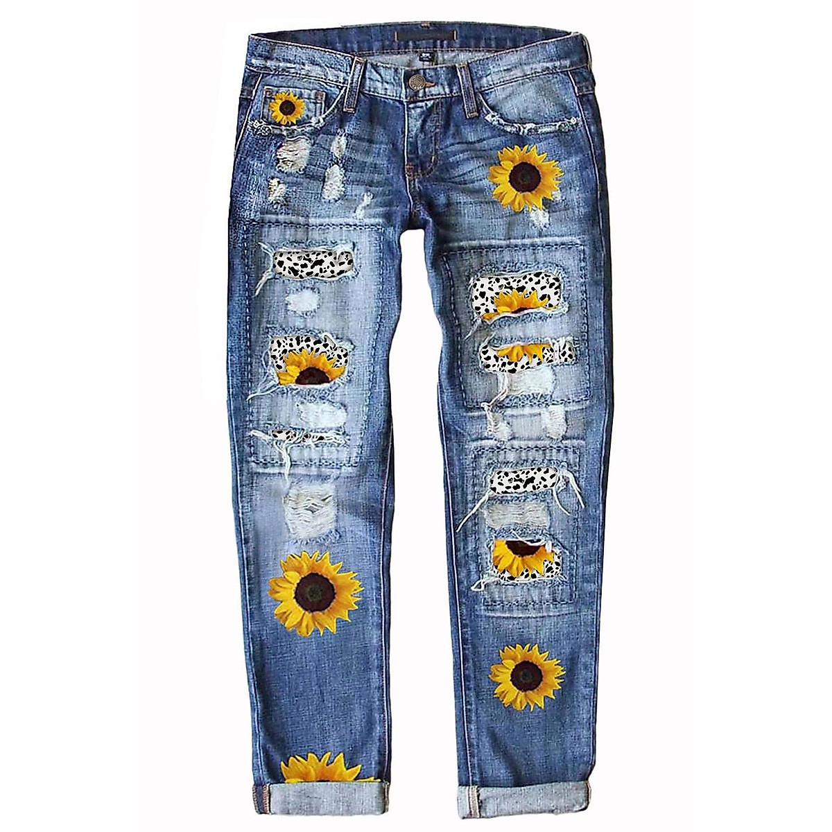 Astylish Women Stylish Destroyed Raw Hem Stretchy Mid Rise Jeans Distressed Boyfriend Ripped Hole Ankle Sunflower Denim Pants Large