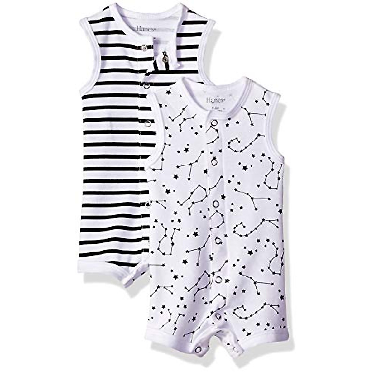 Hanes, Ultimate Baby Flexy Button Up Short Sleeve Bodysuit Romper, 2-Pack, Black Stripe, 6-12 Months