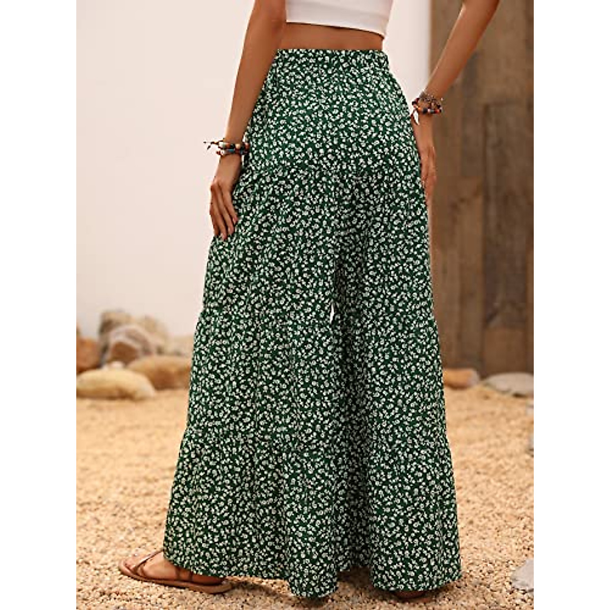 MakeMeChic Women's Floral High Waisted Ruffle Wide Leg Pants Boho Summer Beach Palazzo Pants Green L