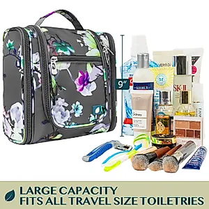 PAVILIA Toiletry Bag Travel Bag for Women Men, Hanging Cosmetic Organizer, Water Resistant Makeup Bag for Accessories Toiletries, Large Travel Essentials Kit (Floral Grey)