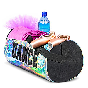 Holographic Dance Duffle Bag for Girls, Kids Travel Bag with Adjustable Carry on and Handy Pouch, Dance Accessories for Girls, Teens - 16 L