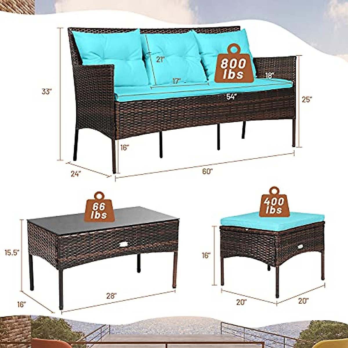 RELAX4LIFE 3 Pieces Patio Furniture Sectional Set, Rattan Wicker Conversation Set W/ 5 Cozy Seat & Back Cushions, Tempered Glass Coffee Table for Poolside, Backyard Outdoor Furniture (Turquoise)