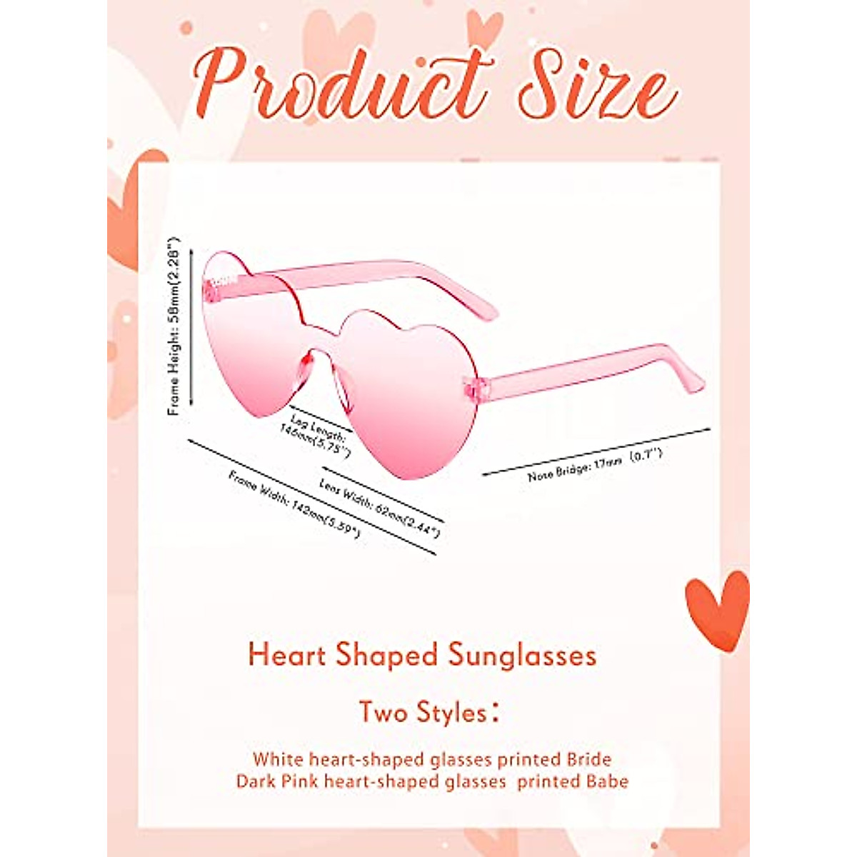 Dunzy 24 Pieces Bride Babe Heart Sunglasses Rimless Heart Shape Sunglasses Bachelorette Sunglasses for Wedding Party