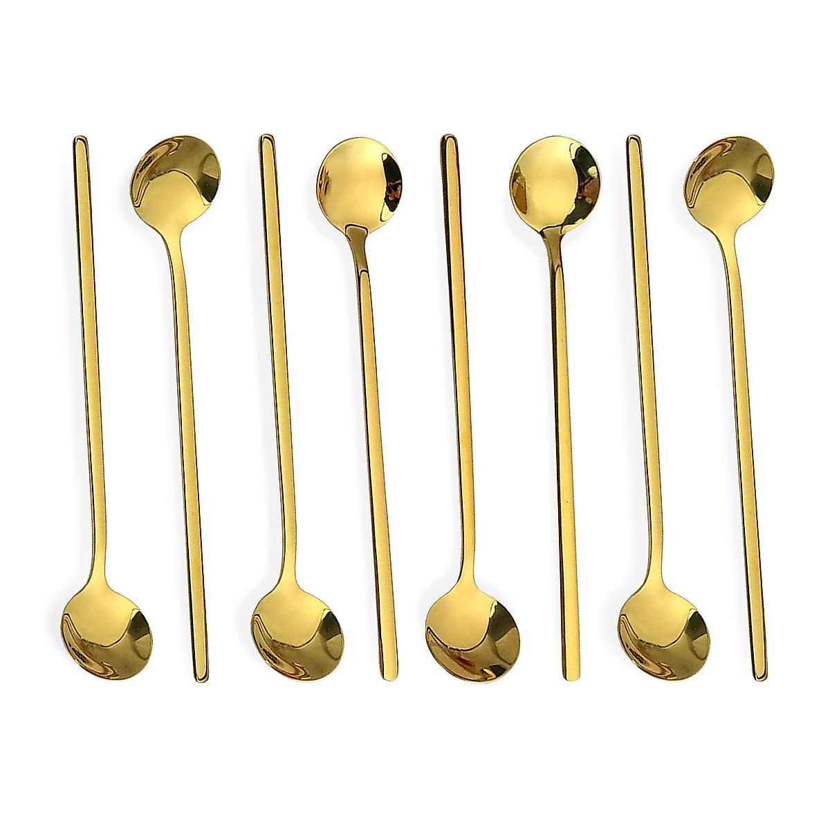 Monovatives Espresso Gold Plated Small Coffee Spoons with Long Handle for Stirring, Stainless Steel Long Handle coffee Spoon Pack of 8 for Tea Coffee Dessert Cake Ice Cream Soup Cappuccino, 5.3 inch