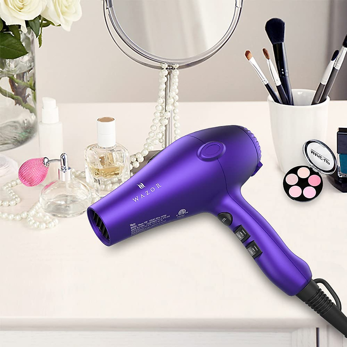 Wazor 3rd Generation Lightweight Low Noise Hair Dryer,(1875W Tourmaline Ceramic Negative Ionic Blow Dryer 2 Speed 3 Heat Settings Cool Shot with Diffuser Concentrator(Purple)