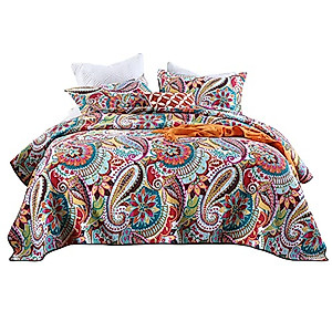 Qucover Quilt Sets Queen, 3-Piece Multicolor Paisley Cotton Queen Bedspread Quilt with 2 Pillow Shams, Patchwork Coverlet Set (Queen 90x98)
