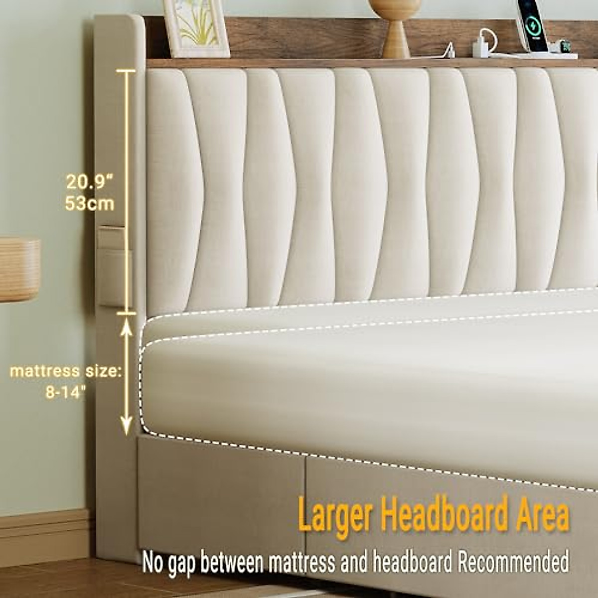 ANCTOR King Size Bed Frame with Storage Headboard and Charging Station, Upholstered Platform Bed with 3 Drawers, No Box Spring Needed, Easy Assembly, Beige