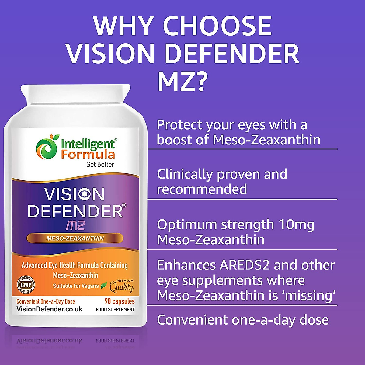 Vision Defender Meso Zeaxanthin Vegan Eye Supplement MZ- Protect and Improve Ocular Health & Eye Care, High Strength Antioxidant Carotenoid Meso-Zeaxanthin for Eyes (90 capsules/One-A-Day) Made in UK