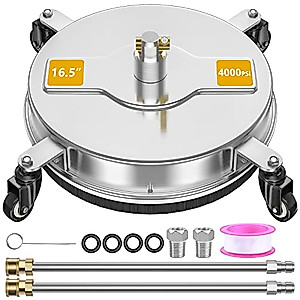 16.5" Pressure Washer Surface Cleaner with Wheels 4, 4000PSI Power Washer Surface Cleaner w/Extension Wand, Replacement Nozzle - Powerful Pressure Washer Attachment for Driveways, Patios, Sidewalks