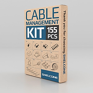 SHELCONE Cable Management Kit 155 PCS, Portable, 23 Adhesive Cable Clips, 3 Cord Holder, 100 Zip Ties, 5 Self Adhesive Cord Holder, 1 Self Adhesive Strap Roll, 20 Zip Tie Mounts (Black)
