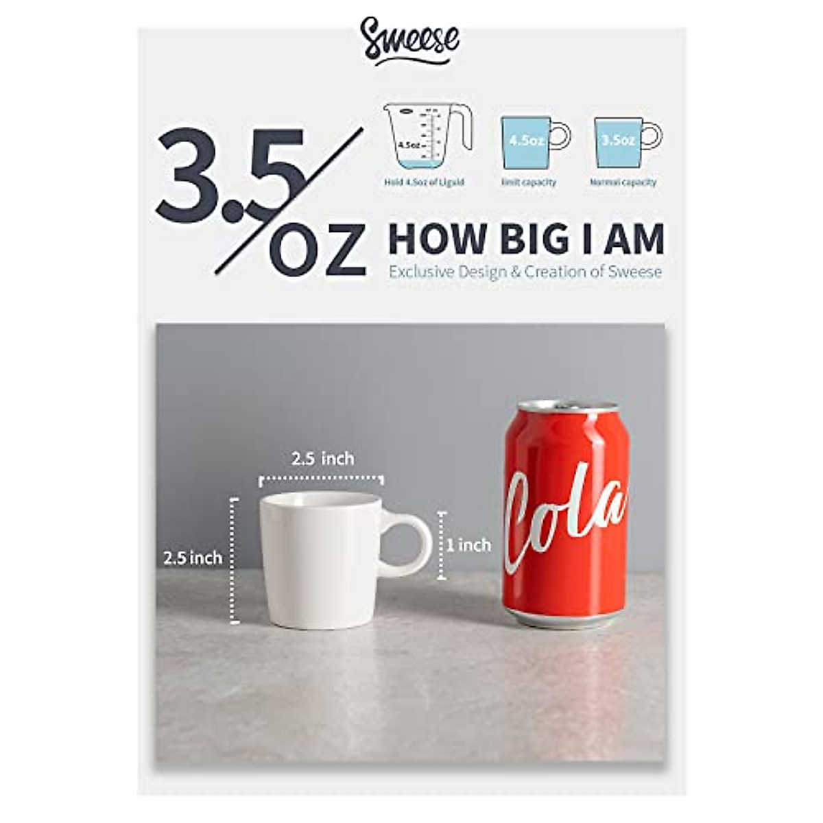 Sweese 3.5oz Porcelain Espresso Cups Set of 4, Mini Coffee Mugs Demitasse Cups - White (409.401)