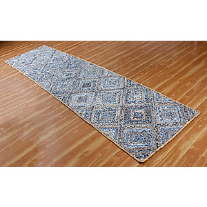 CASAVANI Indian Hand Braided Rag Rug Geometric Blue & Beige Cotton Chindi & Jute Rug Best Uses for Living Room,Hallway Runner Rug,Stair Runner Rug & Kitchen 2.6x8 2.6x10 8x11 Feet