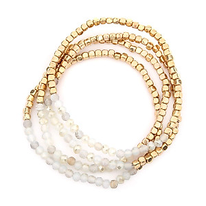 RIAH FASHION Delicate Boho Beaded Multi Layer Versatile Bracelets - Stackable Stretch Bangles Sparkly Crystal, Natural Stone (Delicate Natural Stone & Gold Mix)