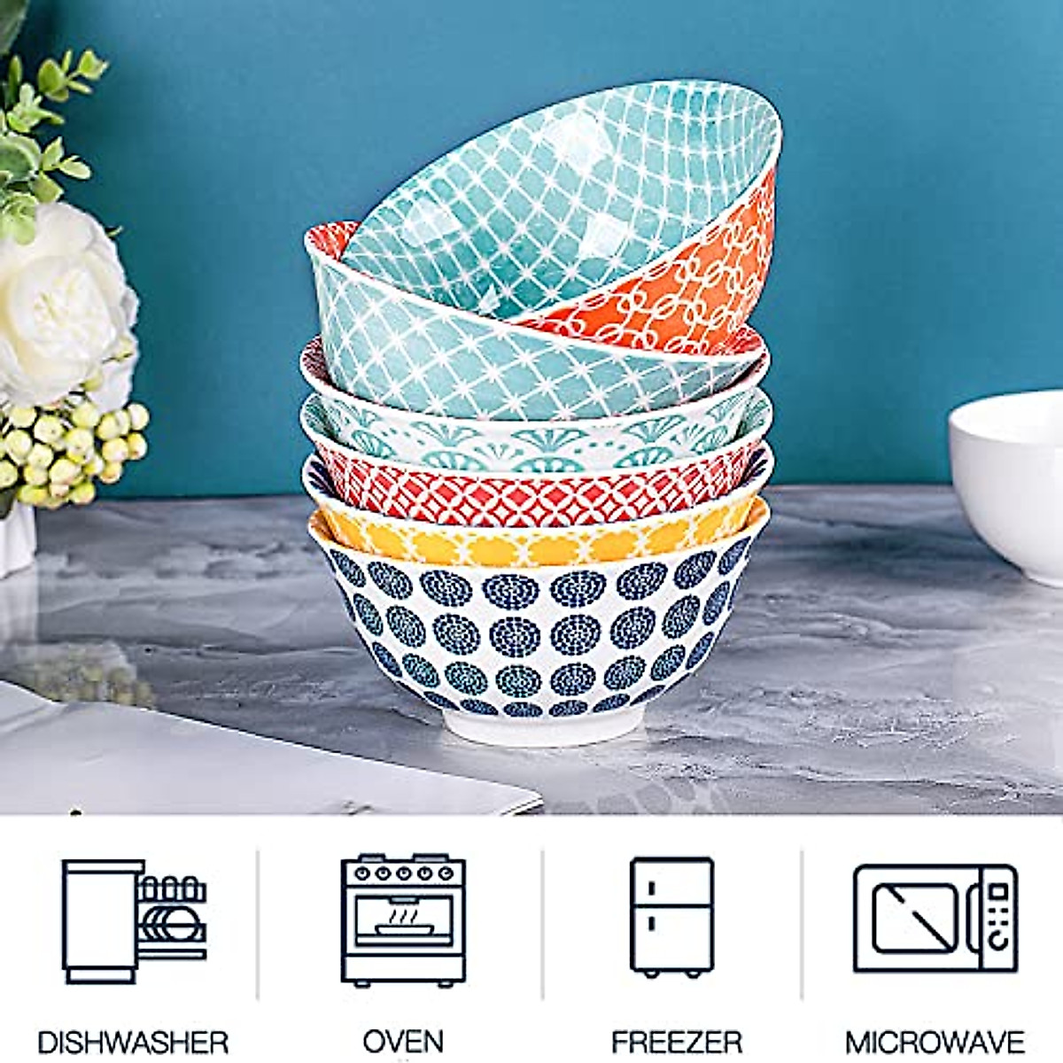 DELLING Cereal Bowls 20 oz - Colorful Bowls for Kitchen, 6 Inch Ceramic Bowl Set for Dessert, Soup, Rice, Salad, Snack - Dishwasher, Microwave, and Oven Safe - Set of 6