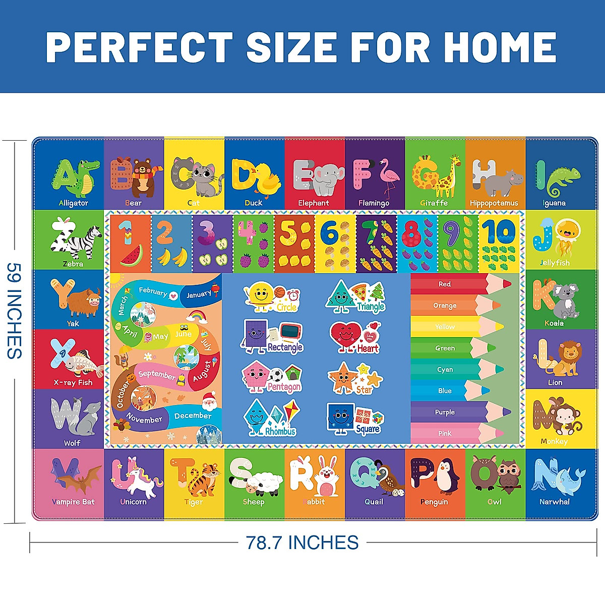 Mhconneaty Kids Play Mat Kids Rug for Playroom, 78.7x59 Inches Floor Mat for Baby Play Mat Playtime Collection ABC, Numbers, Animals, Month, Season Educational Area Rug for Kids Room Classroom