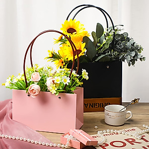 Teling 12 Pcs Kraft Paper Flower Gift Bags Bouquet Bags with Handle Waterproof Bouquet Gift Box Empty Bouquet Bags for Flowers Rectangle Packaging Wrap Bags for Mother's Day Graduation (Black, Pink)