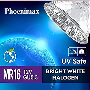 Phoenimax 6PCs MR16 12V 50W 800LM Halogen Bulb GU5.3 EXN Professional Quartz dichroic Reflector UV Stop Tempered Glass Cover dimmable for spot Lights Warm White 3000K