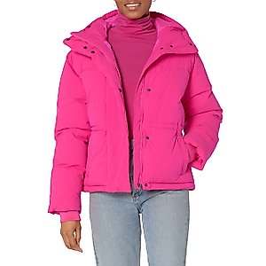 Amazon Essentials Women's Short Waisted Puffer Jacket (Available in Plus Size), Neon Pink, Large