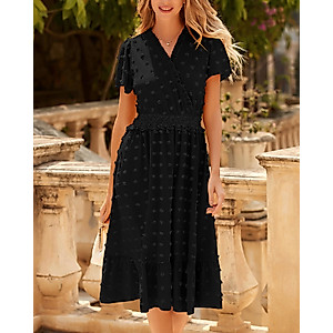 BTFBM Women's Summer Elegant Short Sleeve V Neck Swiss Dot Midi Dresses Cute Boho High Waist Long Dresses A-Line Ruffle Dress（Solid Black,X-Large