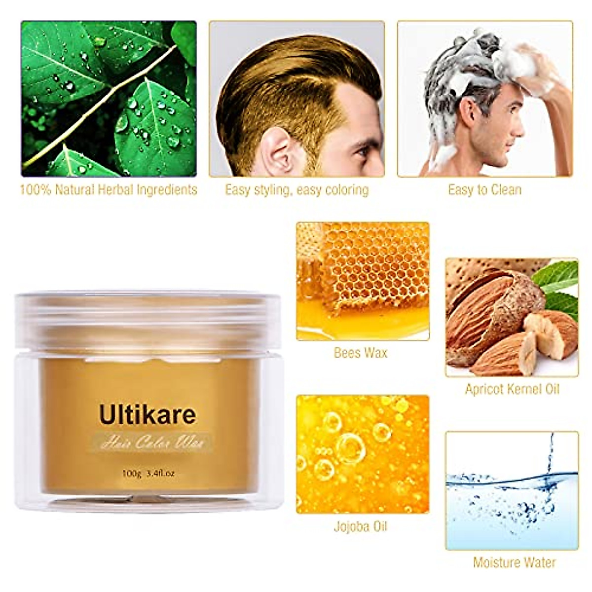 Hair Color Wax Blonde, Ultikare Instant Hair Dye Cream Mud Washable Temporary Hair Dye Natural Hairstyle Color Pomade for Party, Cosplay, Halloween (Gold)