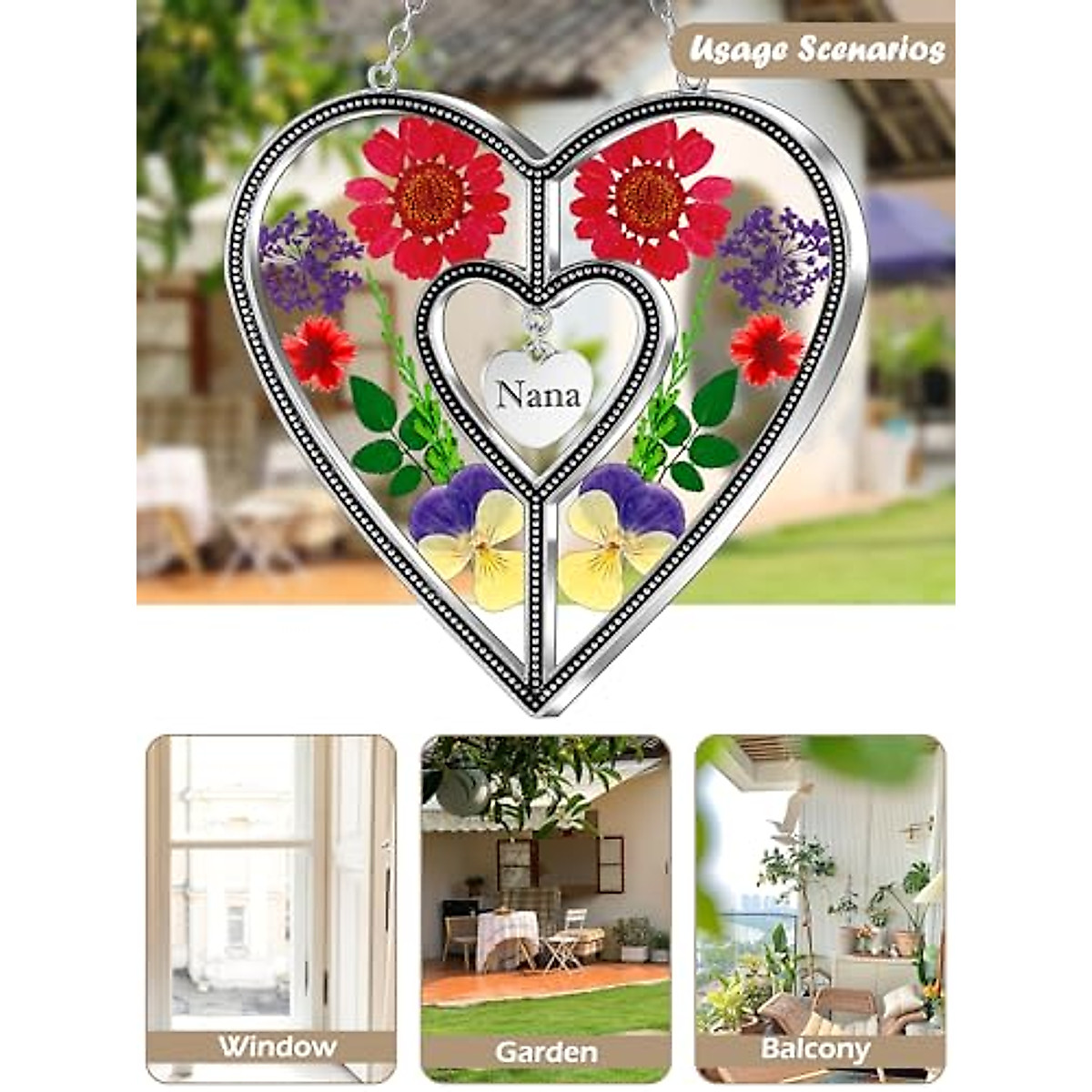 KY&BOSAM Heart Sun Catcher-Stained Glass Panles Nana Suncatchers Hangings for Windows Wind Chime Ornament Nana Gifts - Gifts for Nana Mother`s Day Birthday Christmas