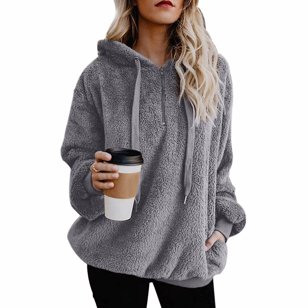 Century Star Womens Fuzzy Hoodies Pullover Sport Hoodie Cozy Oversized Pockets Hooded Sweatshirt Athletic Fleece Hoodies Grey Large