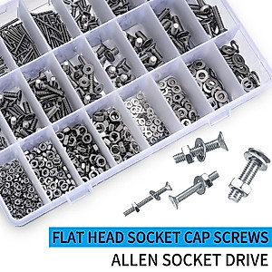 950 Pcs Flat Head Hex Socket Head Cap Screws Bolts and Nuts and Washers Assortment Kit, M2/M3/M4/M5 Allen Socket Drive Stainless Steel Bolts Nuts Washers Set