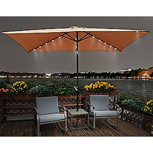 Solar Umbrellas, 10 x 6.5FT Patio Umbrellas with 26 LED Lights, Rectangular Outdoor Umbrellas with Crank and Push Button Tilt Adjustment, Table Market Umbrella for Garden Backyard Pool, Brown