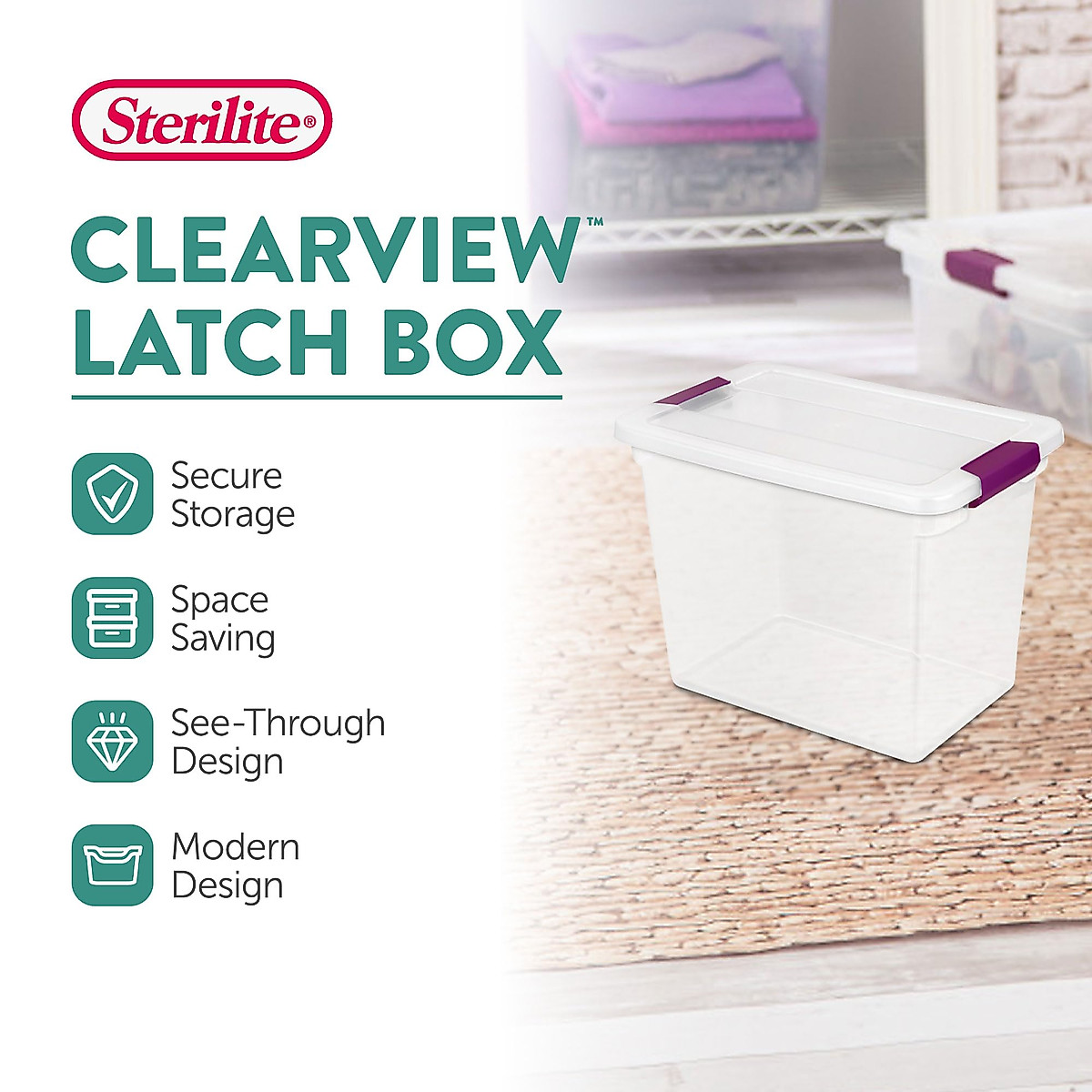 Sterilite 17631706 27 Quart/26 Liter ClearView Latch Box, Clear with Sweet Plum Latches, 6-Pack