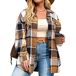 IN'VOLAND Women's Flannel Plaid Shacket Casual Button Down Long Sleeve Flannel Shirts Plus Size Fall Tartan Jacket Brown 24W