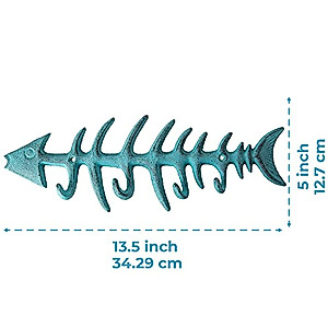 Comfify Decorative Fish Bones Wall Mounted Towel Rack Stylish Cast Iron Hanger w/ 4 “Fish” Hooks | Includes Screws and Anchors - Fish Bones Towel Hanger - Teal Blue