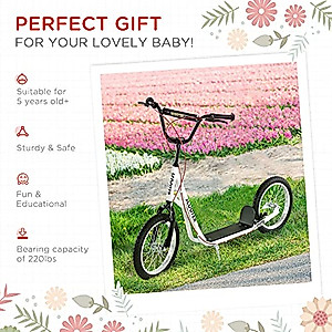 Aosom Youth Scooter Kick Scooter for Kids 5+ with Adjustable Handlebar 16" Front and Rear Dual Brakes Inflatable Wheels, White