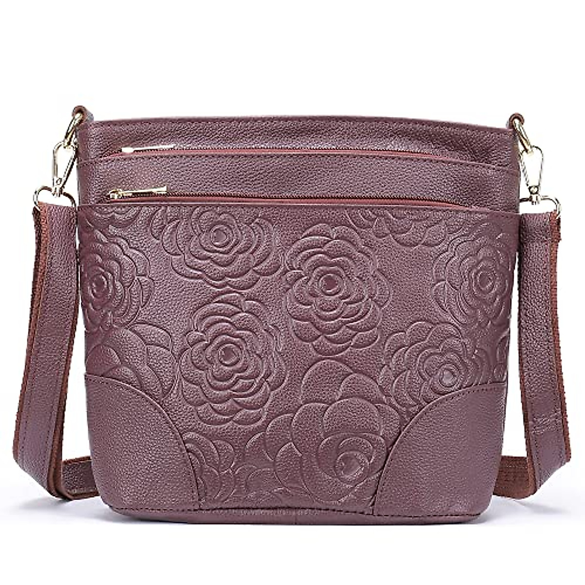 Aslana Floral-Embossed Genuine Leather Shoulder Crossbody Bag Handbag for Women (Floral-Embossed Lilac)