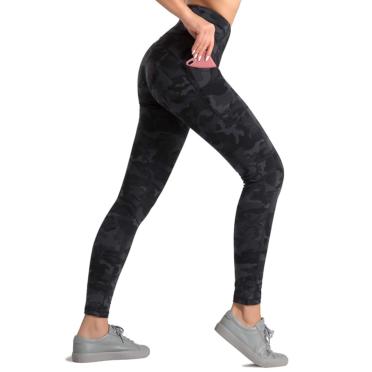 Dragon Fit High Waist Yoga Leggings with 3 Pockets,Tummy Control Workout Running 4 Way Stretch Yoga Pants (Small, Black&Grey Camo)