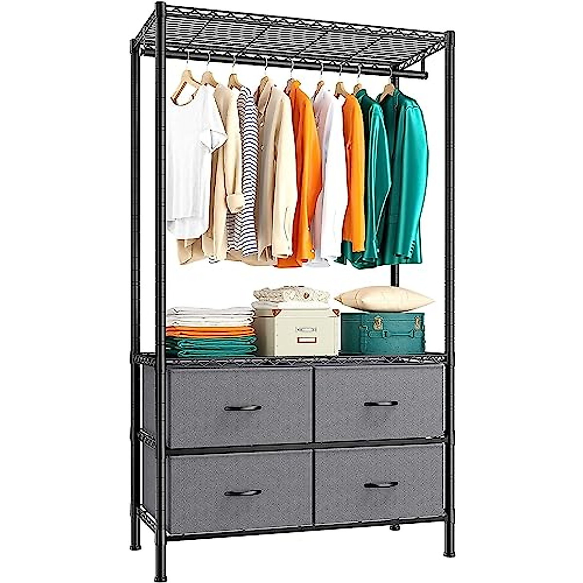 Raybee Clothes Rack, Clothing Racks for Hanging Clothes Rack Heavy Duty Clothing Rack Adjustable Clothes Racks for Hanging Clothes Metal Wire Garment Rack with 4 Fabric Drawers Portable Closet,Black