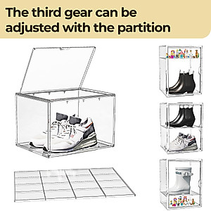 IYINIYI 15.75''x11.81''x9.84'' XX-Large Clear Shoe Storage Boxes with Divider, Stackable Plastic Boot Boxes with Magnetic Door, Acrylic display case Box with Lids for Sneaker Purses Handbags Books (3)