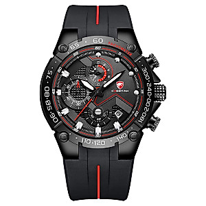 CHEETAH Mens Chronograph Watch Outdoor Waterproof Military Tactical Style Black Red Quartz Sports Watches for Men with Rubber Strap