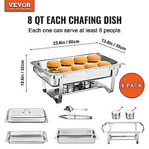 VEVOR Rectangle Catering Warmer Server Chafing Dish Buffet Set, 6 Packs, 8 Quart